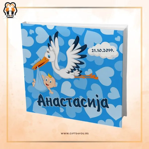Dečiji foto album – roda nosi bebu, plava srca – 0318