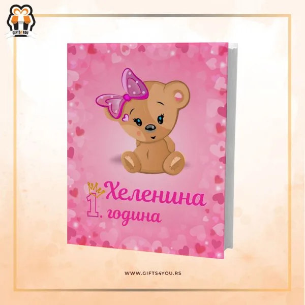 Dečiji foto album – meda sa mašnom, roze, prva godina – 0298