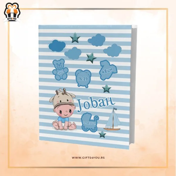 Dečiji foto album – beba mornar sa medama, plave pruge – 0158
