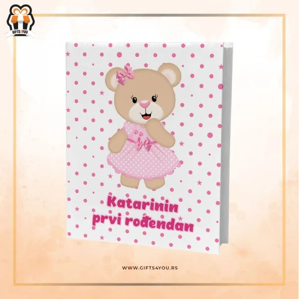 Dečiji foto album – meda u roze haljini, prvi rođendan – 0156