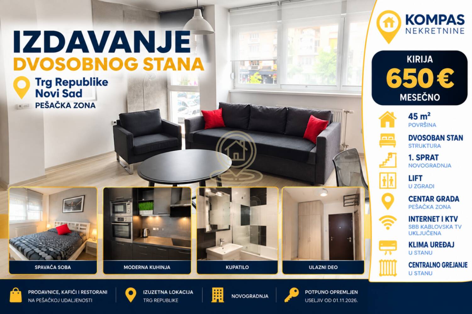 Dvosoban stan, Novi Sad | Izdavanje · 45m² · 650€