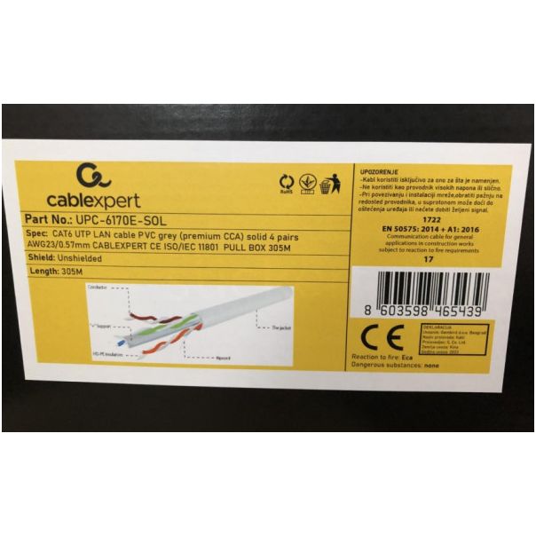 UPC-6170E-SOL Gembird, UTP cat.6 Indoor solid 23AWG, 0.57mm PREMIUM CCA kotur pun presek 305m