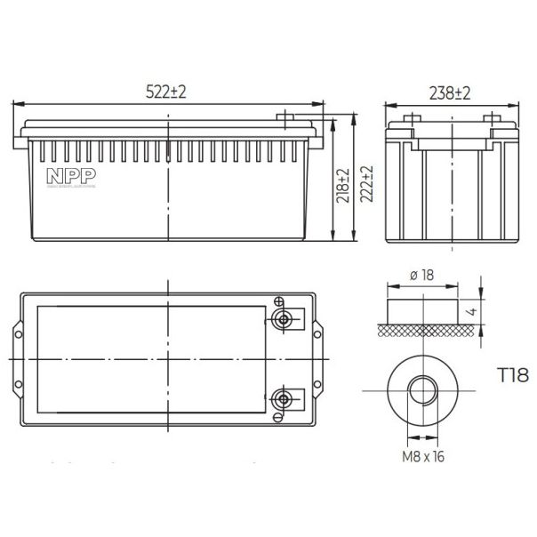 NPP NPG12V-200Ah, GEL BATTERY, C20=200AH, T16, 522x238x218x222, 52,8KG, Light grey