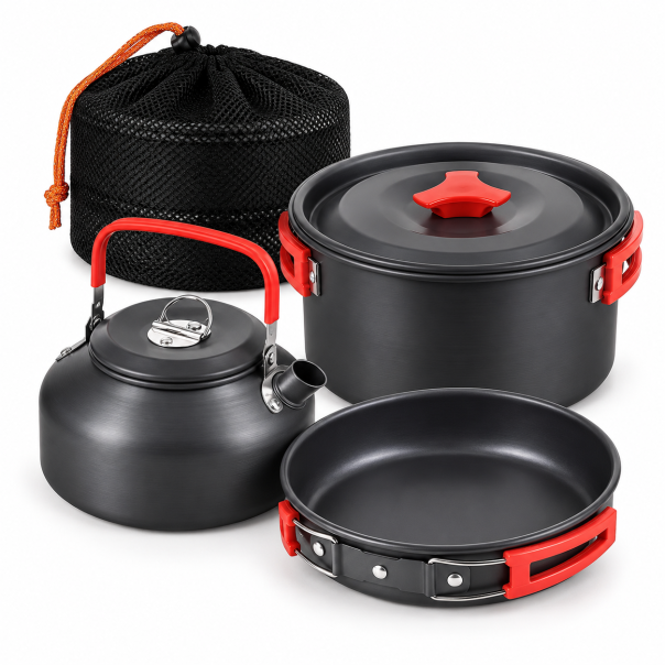 Set posuđa za kampovanje, sklopivi, aluminijum, sivi sa crvenim detaljima