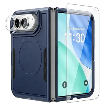 IPHONE DUO MAGNETIC CASE WITH TEMPERED GLASS SCREEN PROTECTOR, CAMERA LENS PROTECTOR - BLUE