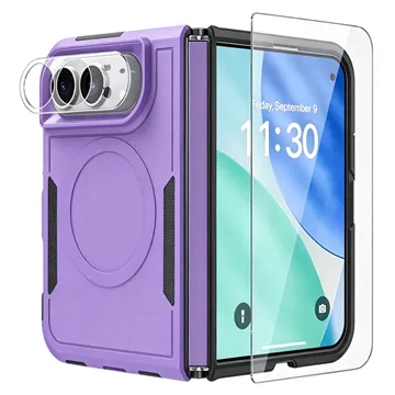 IPHONE DUO MAGNETIC CASE WITH TEMPERED GLASS SCREEN PROTECTOR, CAMERA LENS PROTECTOR - PURPLE