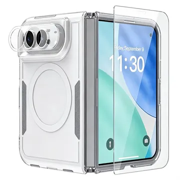IPHONE DUO MAGNETIC CASE WITH TEMPERED GLASS SCREEN PROTECTOR, CAMERA LENS PROTECTOR - WHITE
