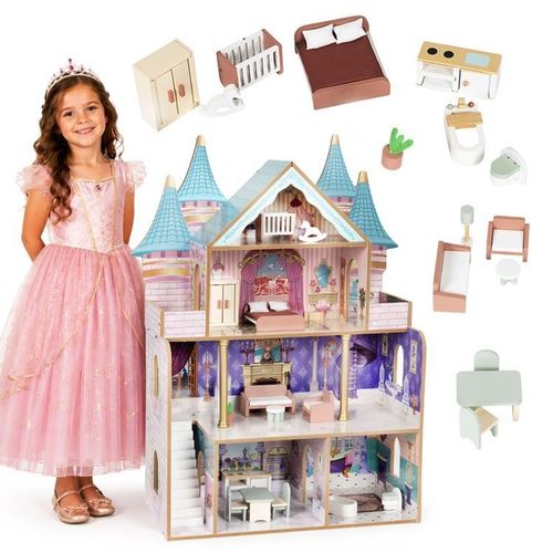 Eco Toys drvena kućica za lutke Bella Castle, 4 sprata, 15 komada nameštaja