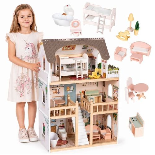 Eco Toys drvena kućica za lutke Laura, 3 nivoa, 15 komada nameštaja