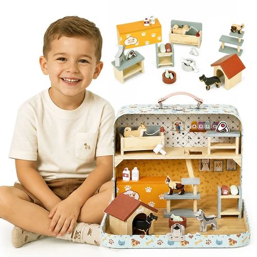 Eco Toys dvospratni pet shop u koferu, sa drvenim nameštajem i 23 dodatka
