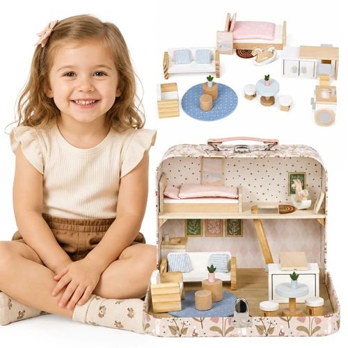 Eco Toys dvospratna kućica za lutke u koferu, sa nameštajem i 20 dodataka