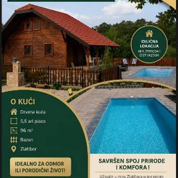 Zlatibor, drvena kuca sa bazenom na prodaju 96 m2 na placu od 5,5 ari ❲ 1300 eur ❳