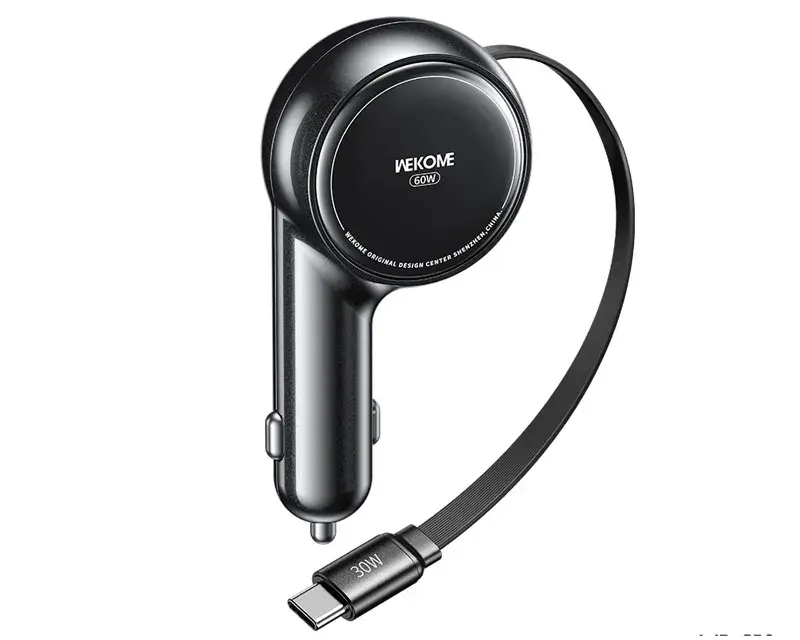 Wekome Punjač za auto WP-C50, Flat kabl na uvlačenje, 3.1 tip C, 60W, Crni
