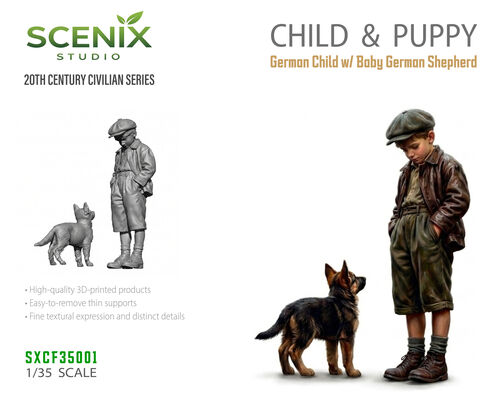 NEW! Scenix Studio SXCF35001 Child & Puppy - German Child with Baby German Shepherd (3D-Printed)
