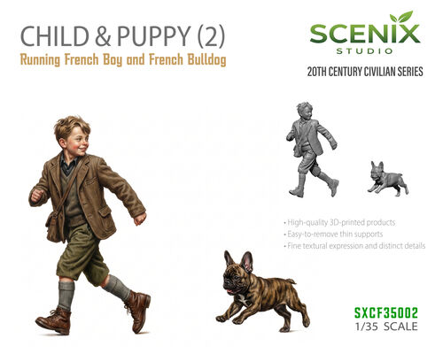 NEW! Scenix Studio SXCF35002 Child & Puppy - Running French Boy and French Bulldog (3D-Printed)