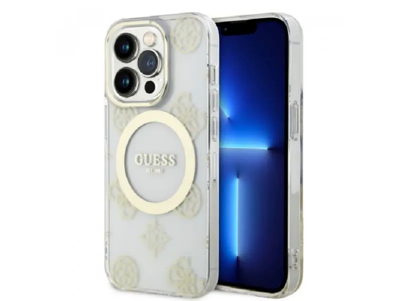 GUESS IML Glitter Peony Gold Maska za telefon iPhone 14 Pro, MagSafe, Providna