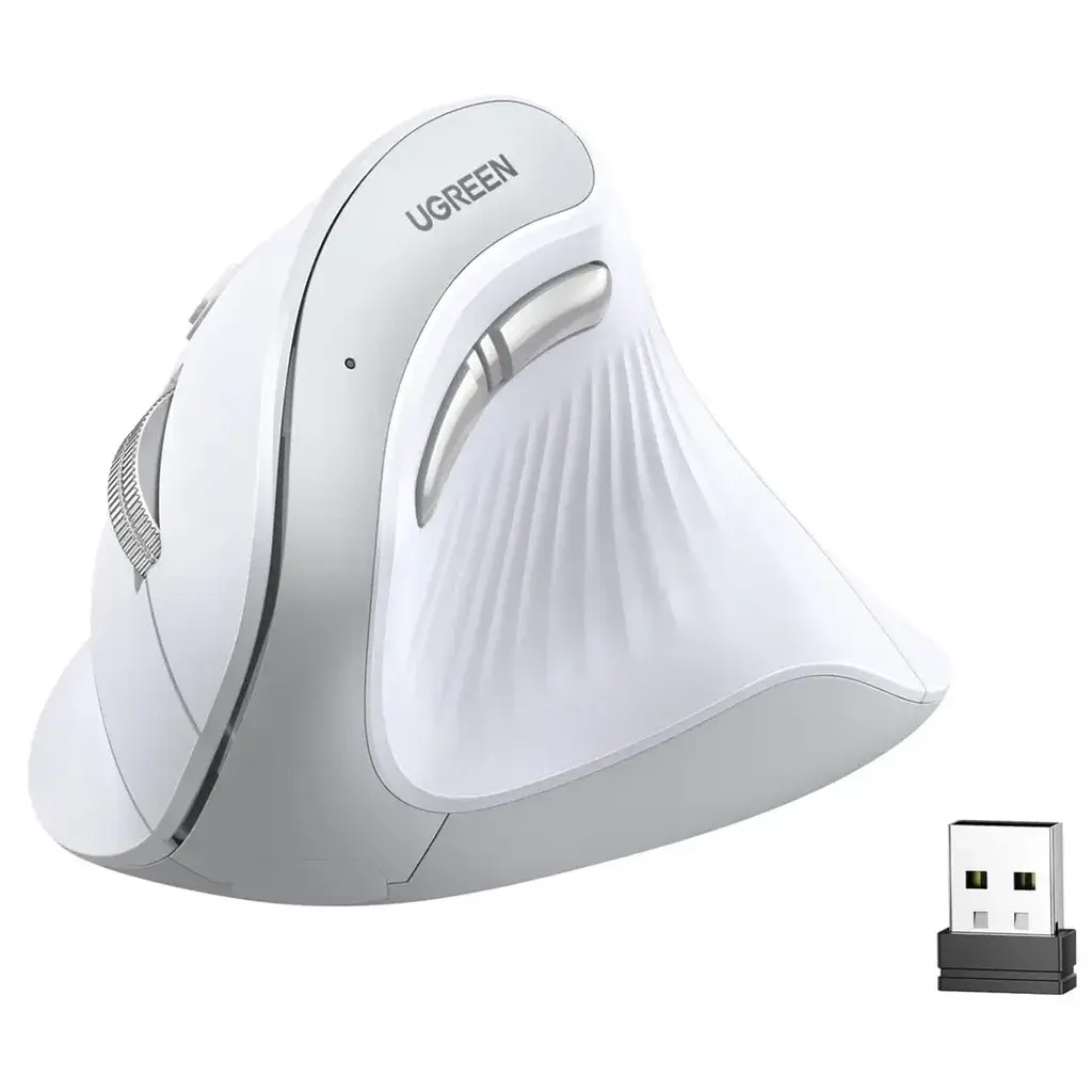 Ugreen bežični vertikalni miš MU008, Bluetooth + 2.4G, 4000 DPI, Beli