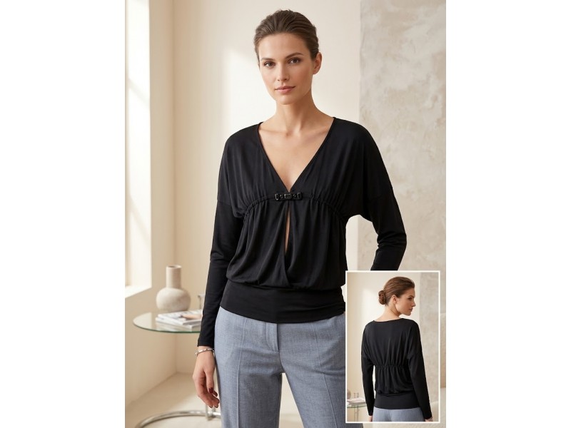 **STEFANEL** elegantna crna drapirana bluza, KAO NOVO