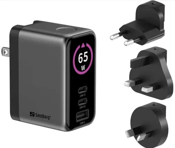 Sandberg Travel Charger PD65W Display GaN putni punjač 65W 2x USB-C 1x USB-A 441-70