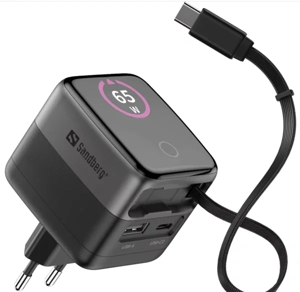 Sandberg Travel Charger PD65W Display GaN punjač 65W sa uvlačećim USB-C kablom 441-74