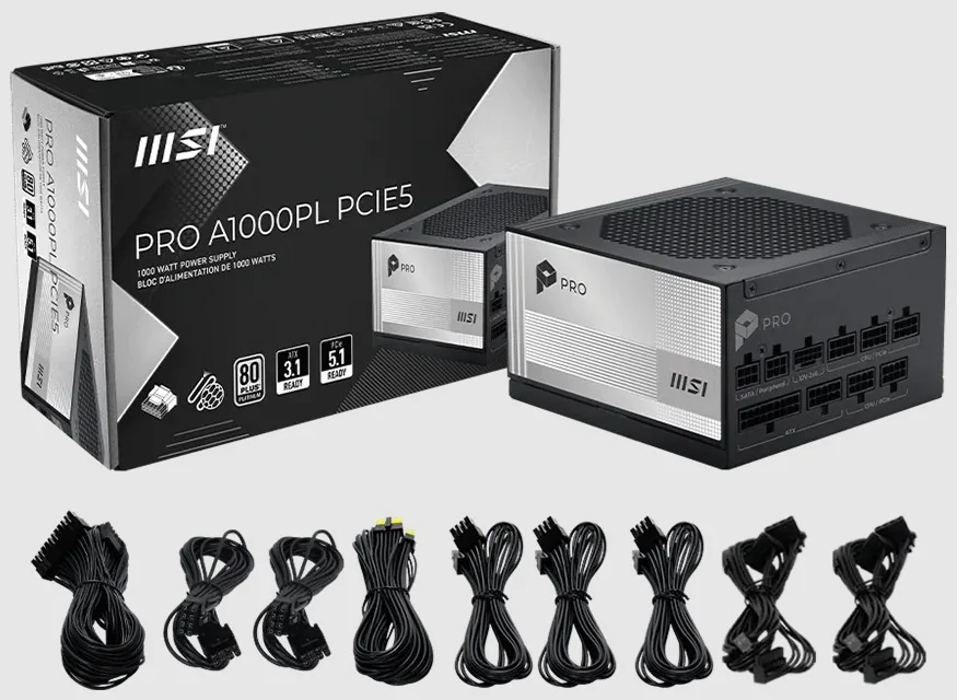 MSI PRO A1000PL PCIE5 napajanje 1000W 80 Plus Platinum ATX 3.1 potpuno modularno