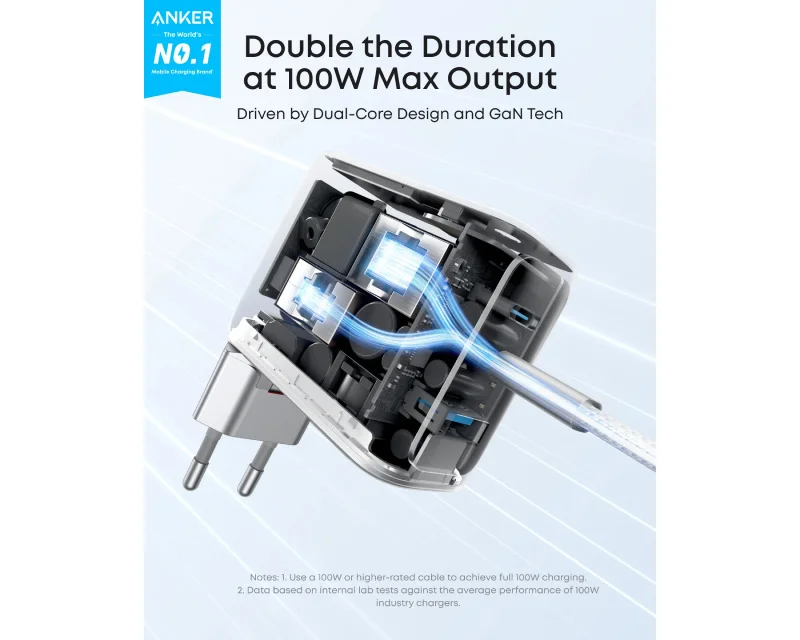 Anker 100W GaN punjač 3 porta (2x USB-C, 1x USB-A) sa ekranom i USB-C kablom srebrni B121BG41