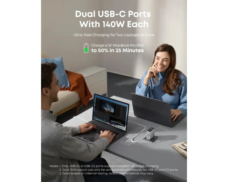 Anker 140W GaN punjač 4 porta (3x USB-C, 1x USB-A) PD 3.1 sa ekranom i USB-C kablom srebrni B2697G41