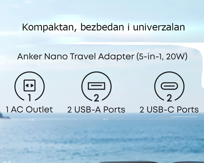 Anker Nano 20W putni adapter i punjač 5u1 (2x USB-C, 2x USB-A) za EU/UK/US/AU crni A9215H11