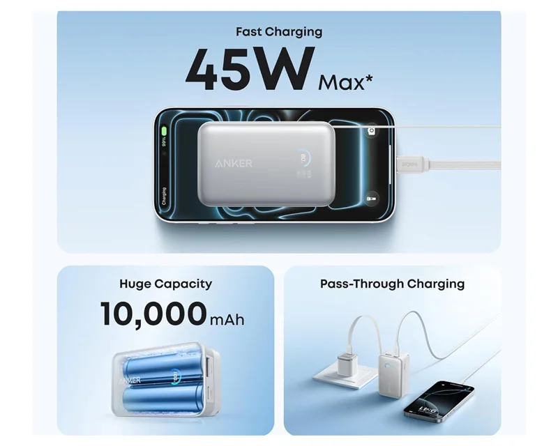 Anker Nano power bank 10000 mAh 45W sa ugrađenim USB-C kablom beli