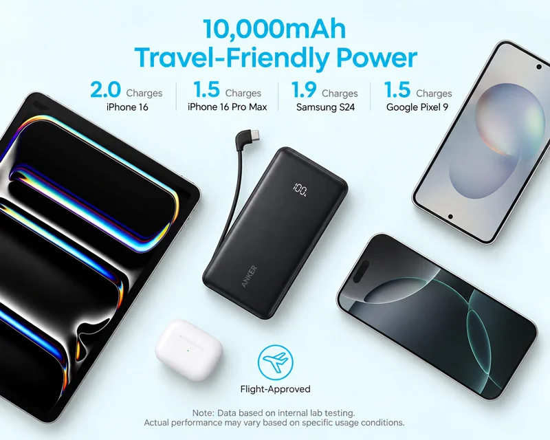 Anker Zolo power bank 10000 mAh 22.5W sa ugrađenim USB-C kablom crni