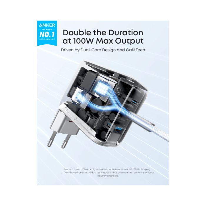 100W GaN zidni brzi punjač, 3-porta (2x USB-C i 1x USB-A) sa USB-C M/M pletenim kablom, srebrni