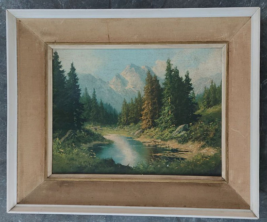 Vintage Planinski Pejzaž - Oleografija u Ramu