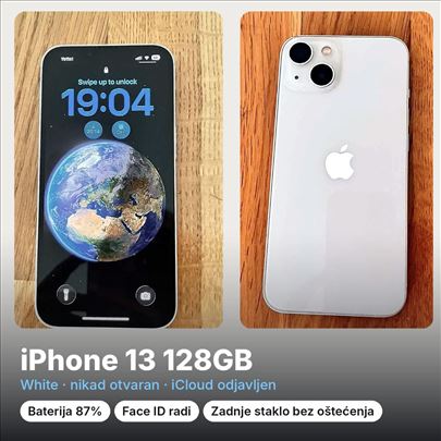 iPhone 13 128GB beli, baterija 87%, nikad otvaran