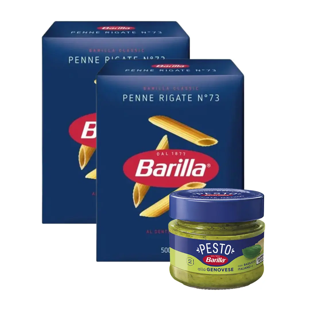 Barilla Testenina Pene Rigate 73, 500g, 2 komada + Pesto sos, 90g