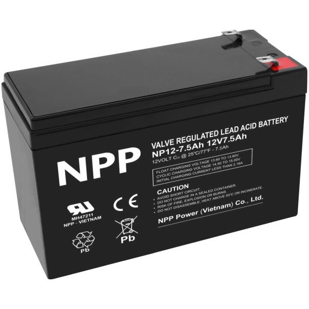 NPP NP12V-7.5Ah, AGM BATTERY, C20=7.5AH, T1, 151x65x94x100, 2,07KG, BLACK