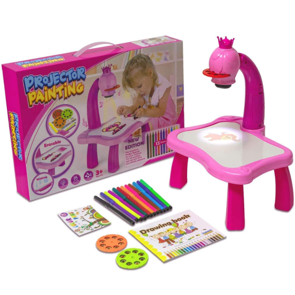 Magični stočić za crtanje sa projektorom + 12 vodenih bojica, roze
