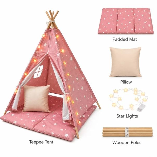Dečiji pamučni šator KINDER HOME 100% pamuk, sa mekom podlogom za punjenje, jastukom i LED svetlima