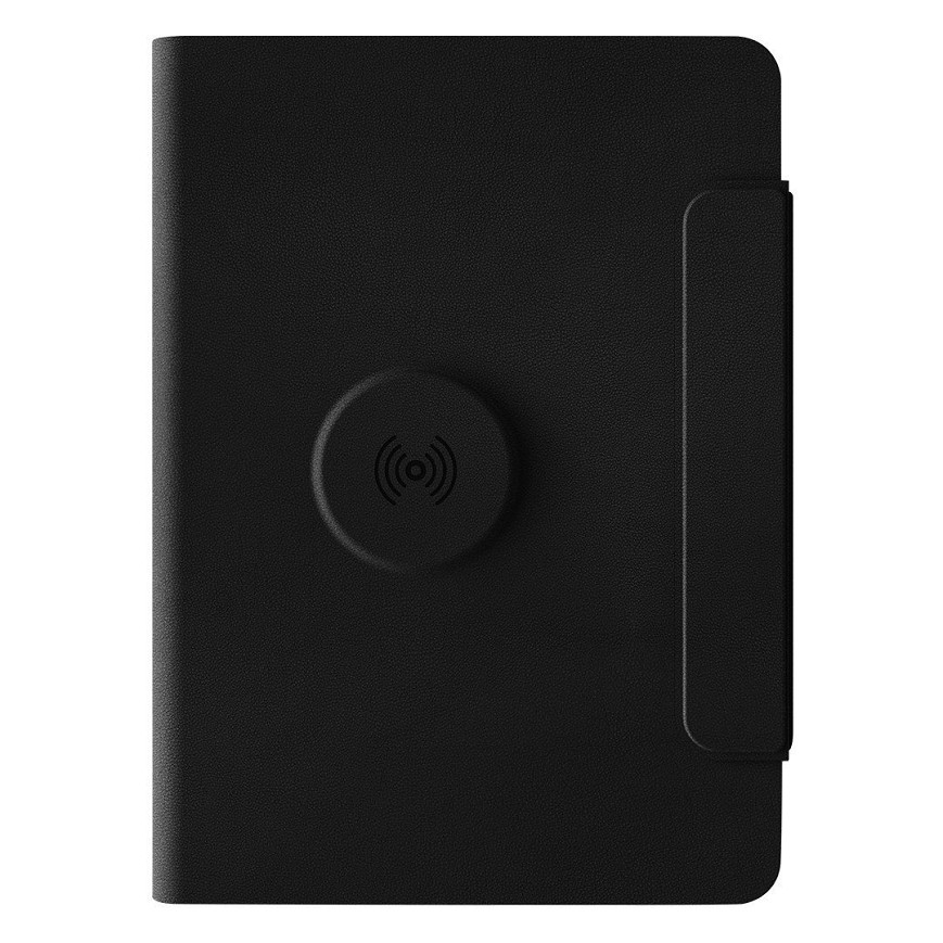 GLOBAL 2IN1, portfolio sa notesom a5, pomoćnom baterijom 5.000 mah, bežičnim punjačem za dva uređaja i magnetom u poklon kutiji, crni