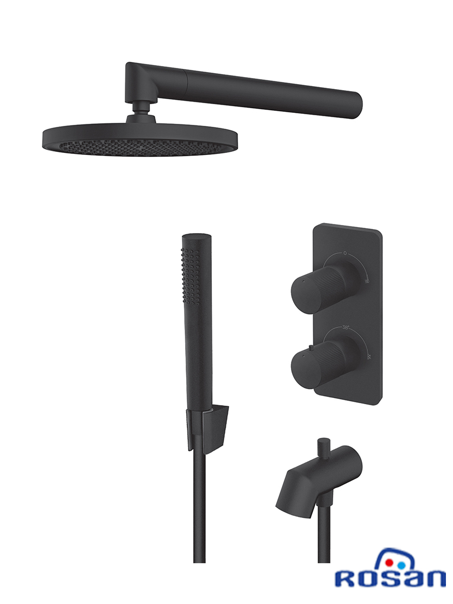 Set Termostatska Ugradna baterija sa izlivom, zidnim i ručnim tušem S4 Black Rosan 431701B