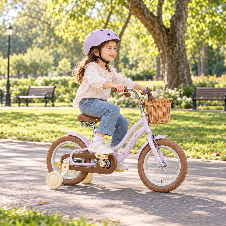 Dečiji bicikl 14″ ljubičasti sa korpom i pomoćnim točkovima