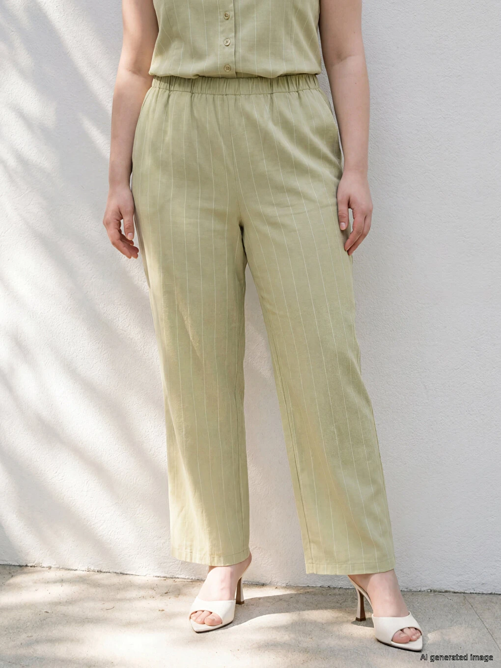 LCW Curve Ženske Prugaste Pantalone Od Mešavine Lana Plus Size