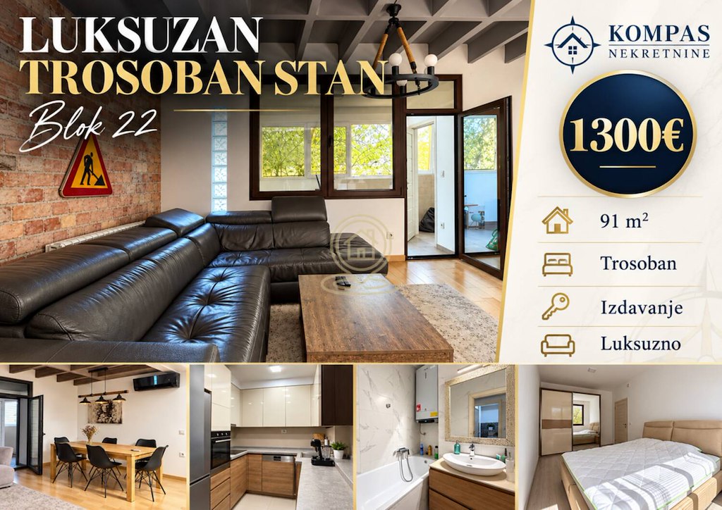 Trosoban stan, Beograd – Blok 22 | Izdavanje · 91m² · 1.300€