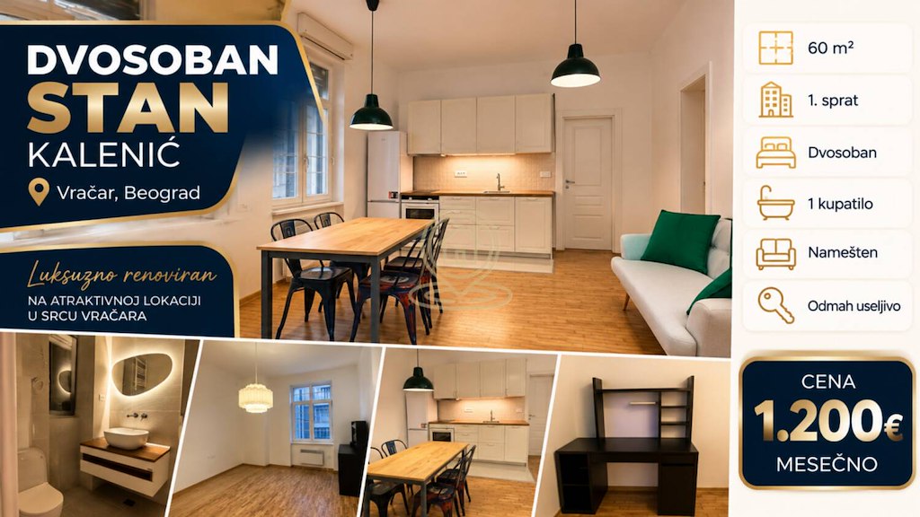 Dvosoban stan, Beograd – Kalenić | Izdavanje · 60m² · 1.200€