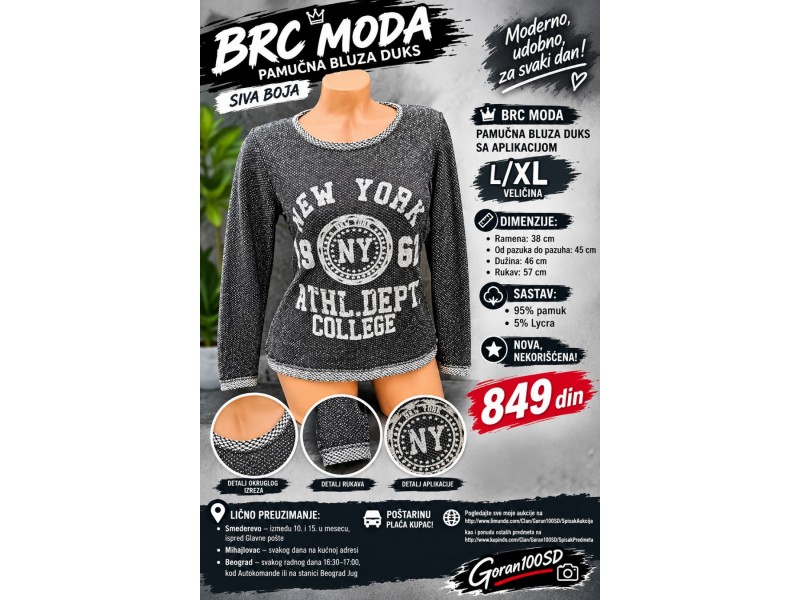 Pamučna bluza duks **BRC Moda** sive boje L XL veličine
