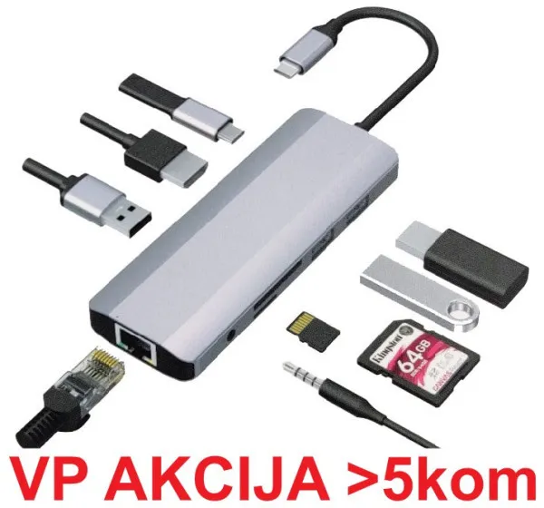 A-CM-COMBO9-06 ** Gembird USB-C 9-in-1 multi-port RJ45+USB3.0+SD+USB-C+HDMI+USB2.0+3,5mm