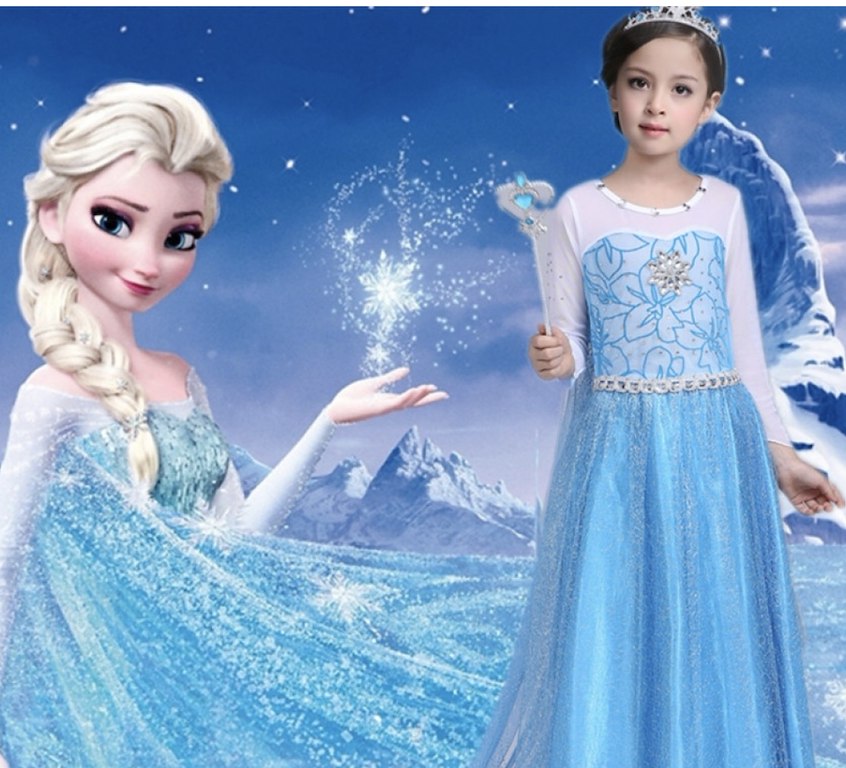 Elsa Frozen kostim – haljina sa cvetnim linijama i pahuljom
