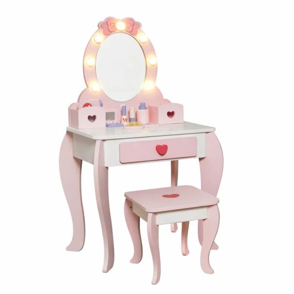 Dečiji drveni toaletni stočić sa ogledalom i svetlima KINDER HOME, roze, 92 cm