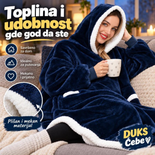 Duks Hoodie - Mekani plišani duks-ćebe sa kapuljačom - Teget