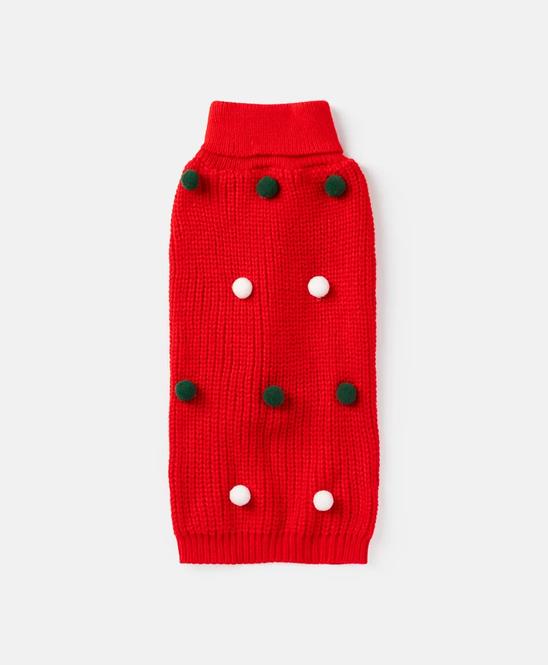 Sweter czerwony z ozdobnymi pomponami