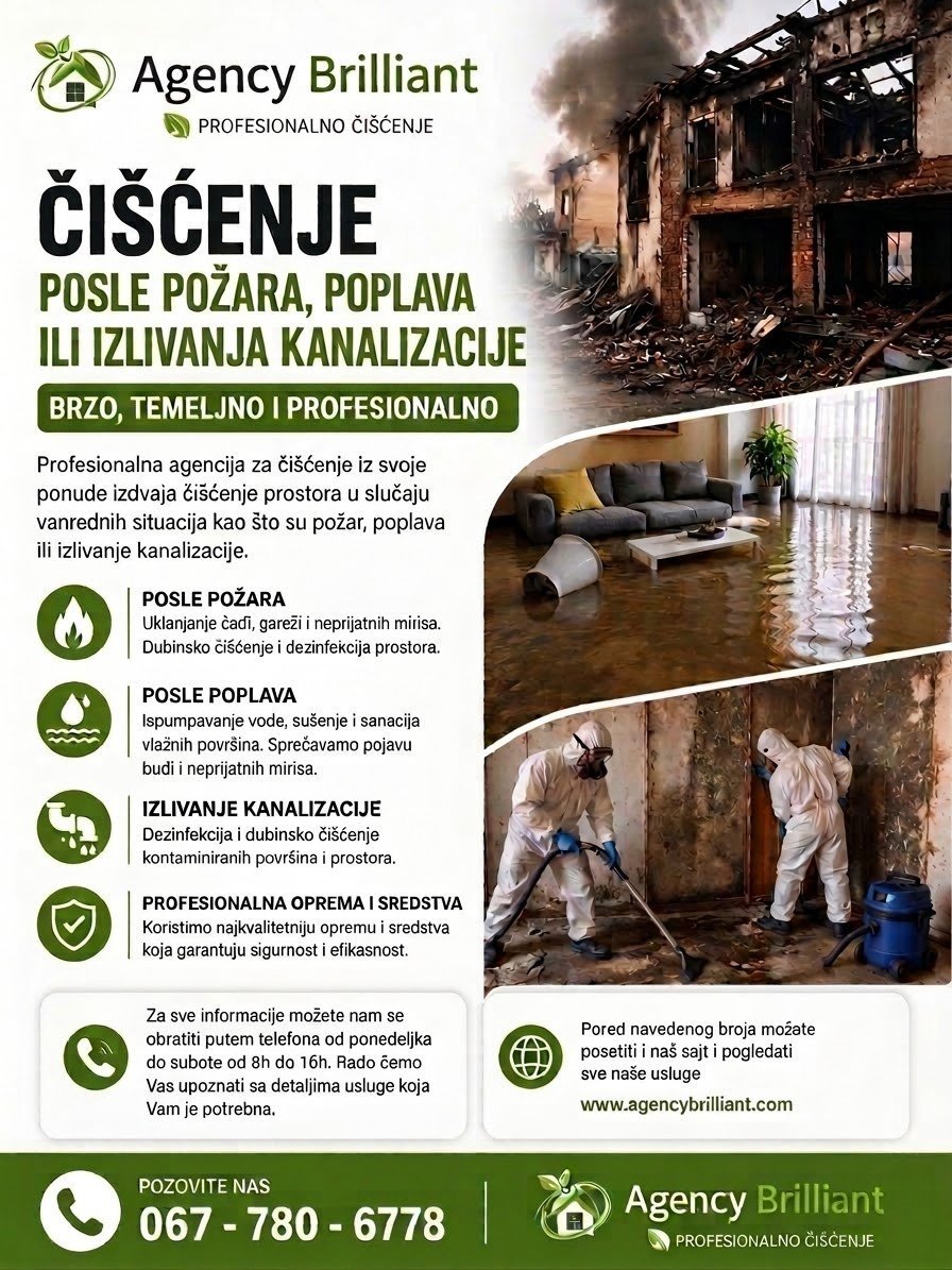 Čišćenje prostora posle požara, poplava ili izlivanja kanalizacije